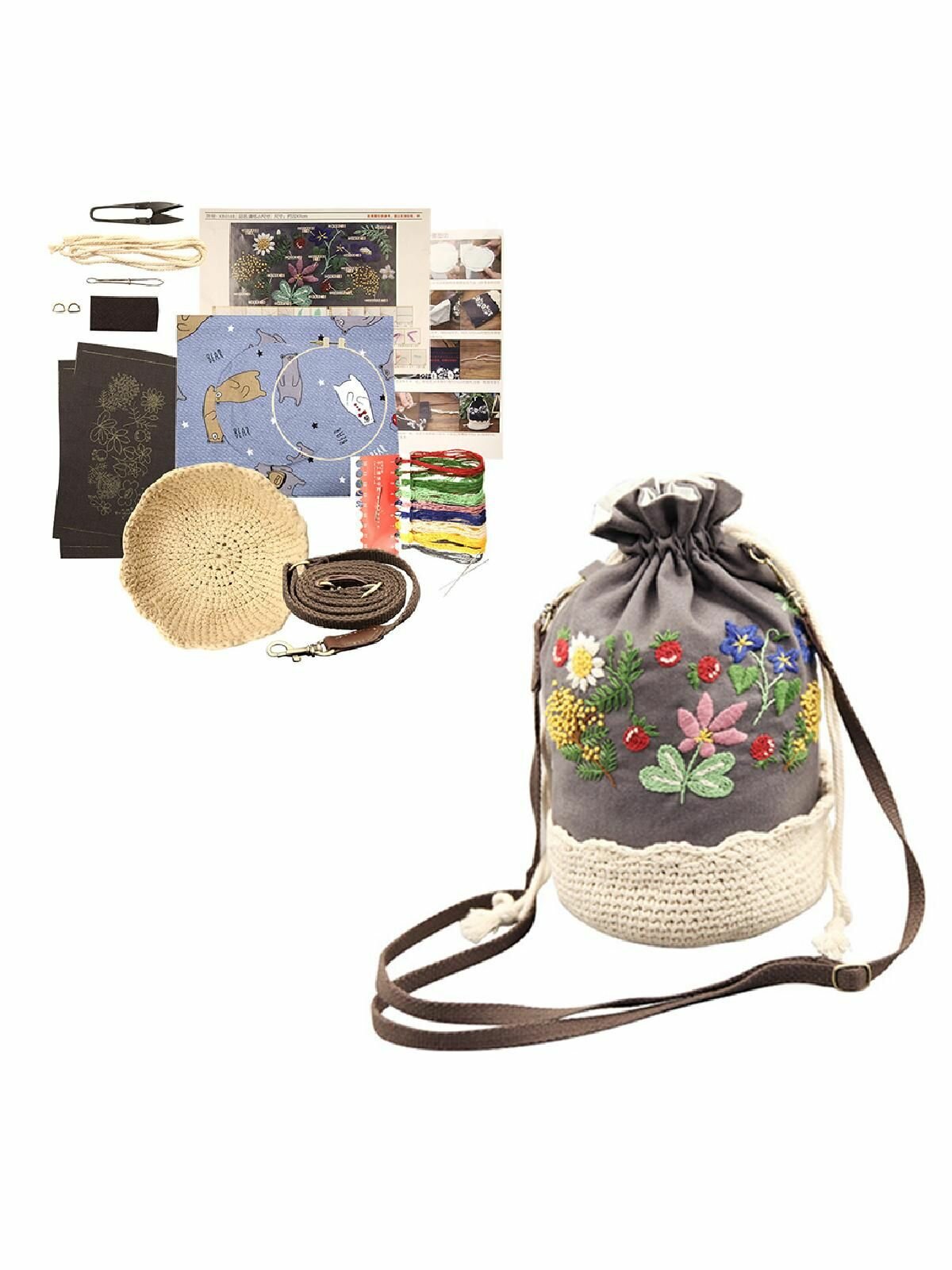 Сумка-органайзер, Антикварная сумка для взрослых из ткани ручной работы с вышивкой своими руками-серый-большой