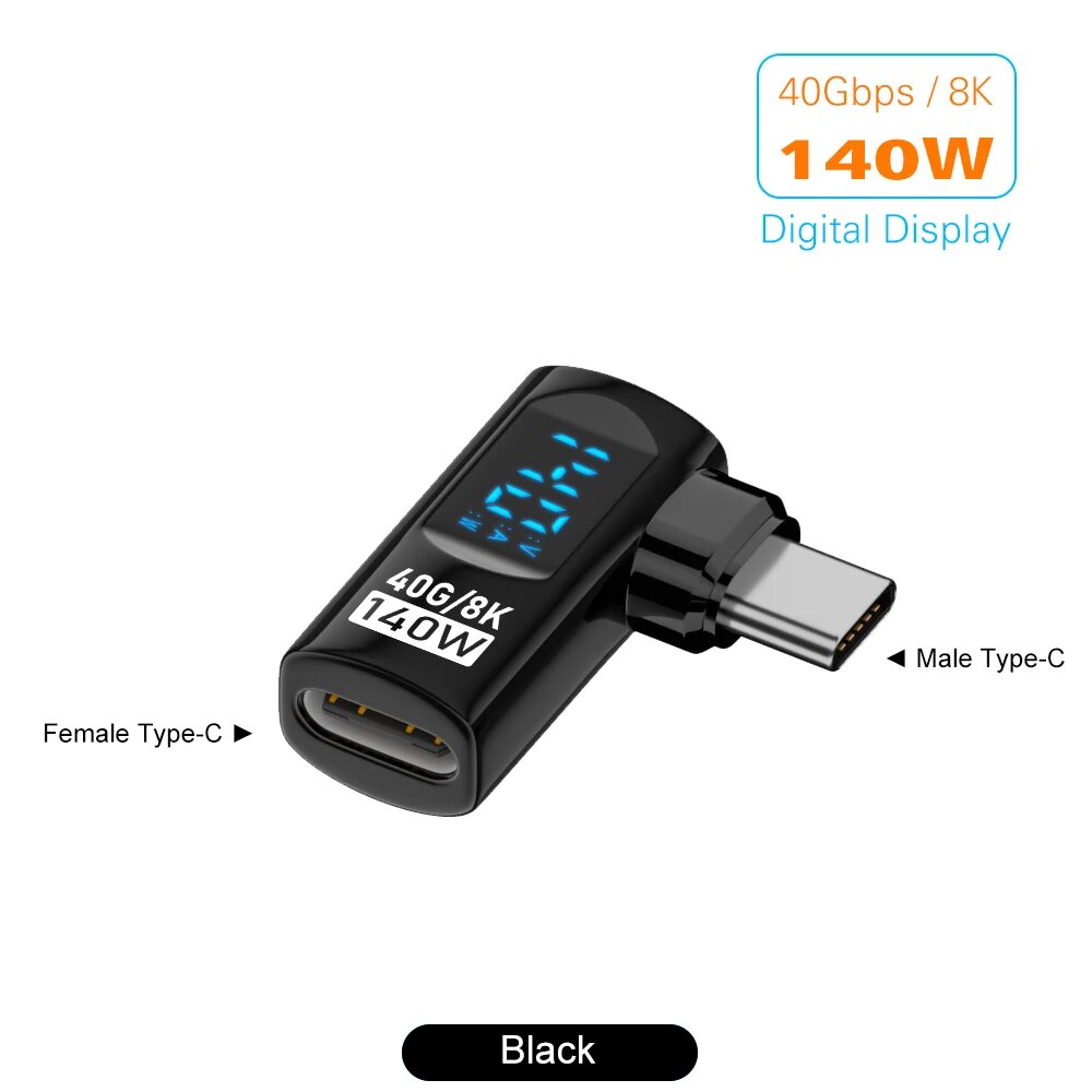 UGOURD Адаптер USB-C 90 градусов с LED-дисплеем 40 Гбит/с 140 Вт 8K L1 Black 140W