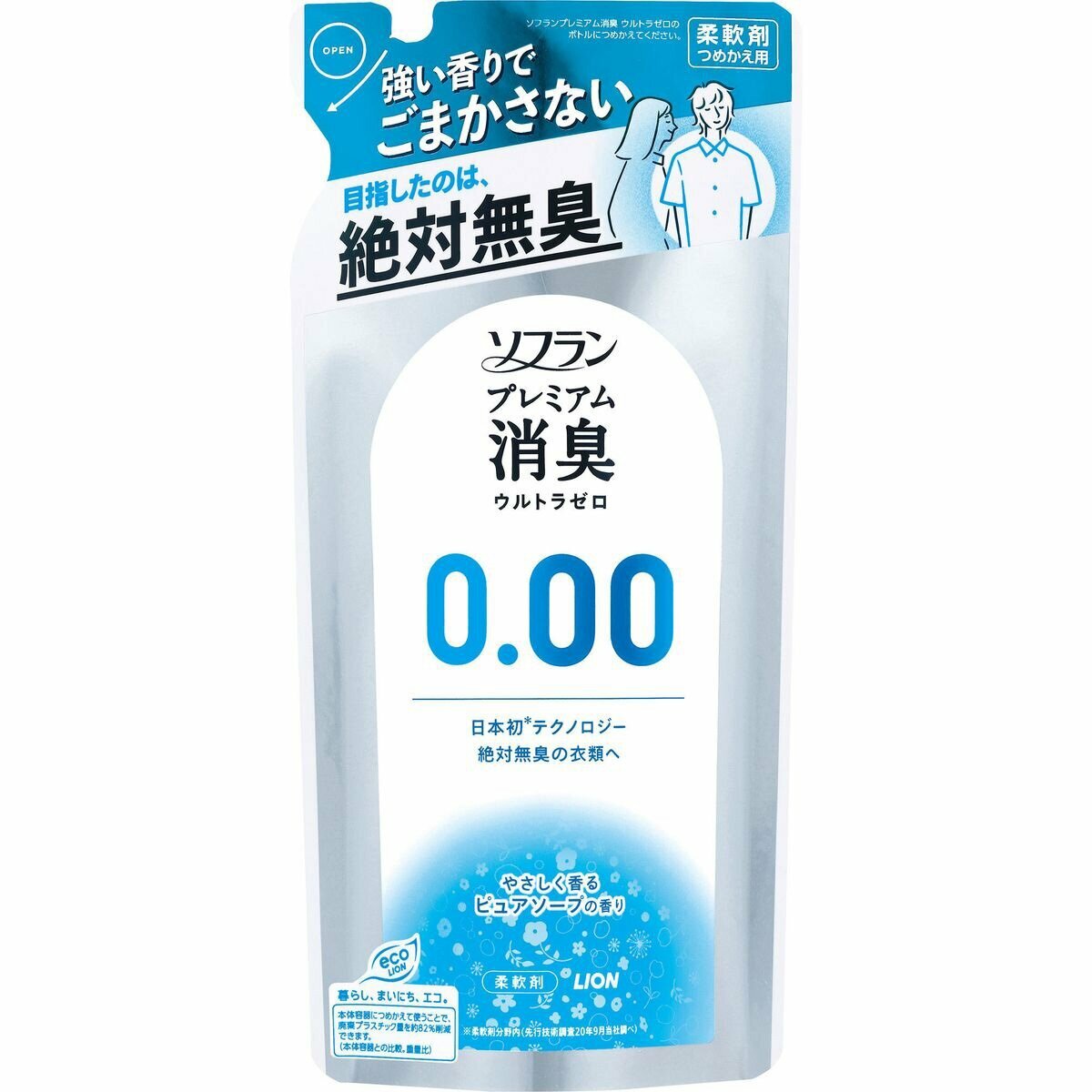 Кондиционер для белья Lion SOFLAN Deodorizer Ultra Zero-0.00 от неприятного запаха, аромат чистоты и мыла, 400 мл см. уп