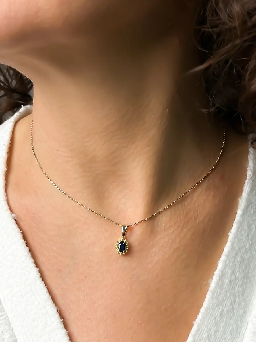 Подвеска, желтое золото, 375 проба, бриллиант, сапфир