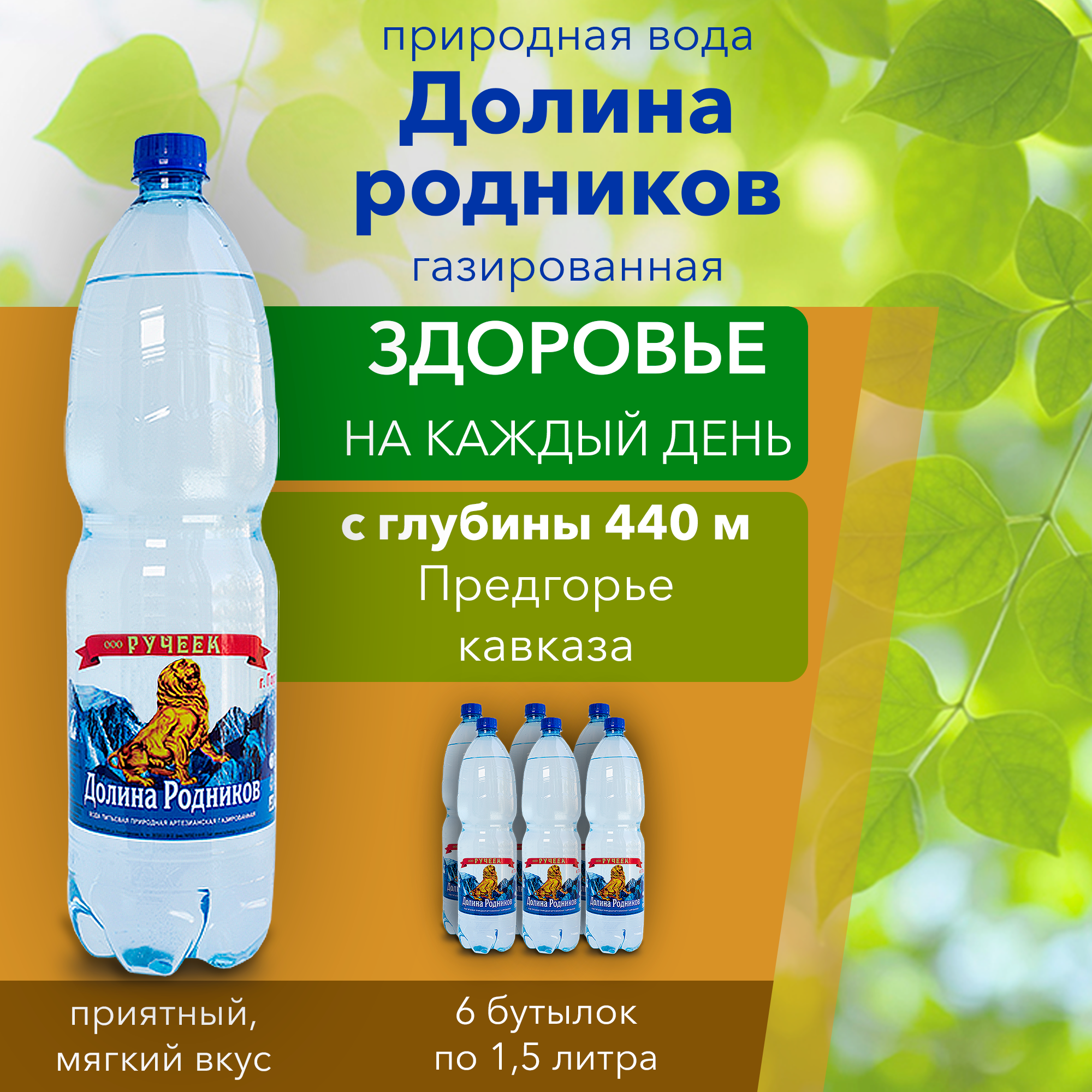 Вода Долина Родников. Объем 1.5л*6. Ручеек, Газированная, Вода минеральная питьевая газированная природная