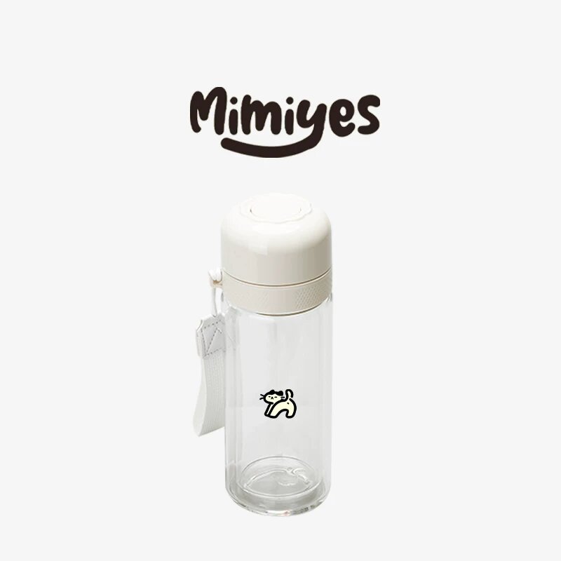 Товары Mimiyes | Двухслойная термобутылка Cream Cat из стекла с крышкой на одно касание и чайным инфузером. Белый
