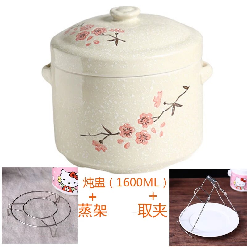 Керамическая миска с двойной крышкой, 1600 мл, включает паровой лоток и ложку для приготовления пищи дома