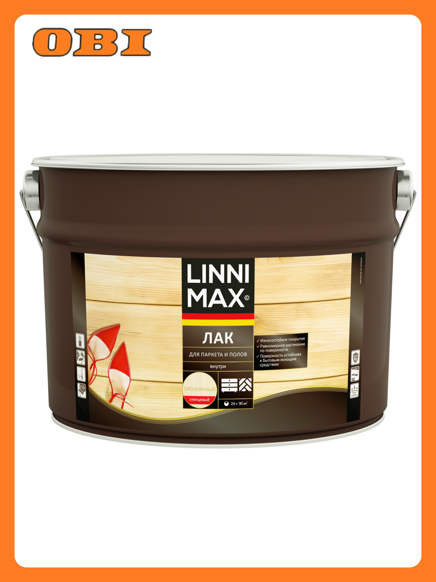 Лак акриловый LINNIMAX Аква Лак для паркета и полов глянцевый 9 л