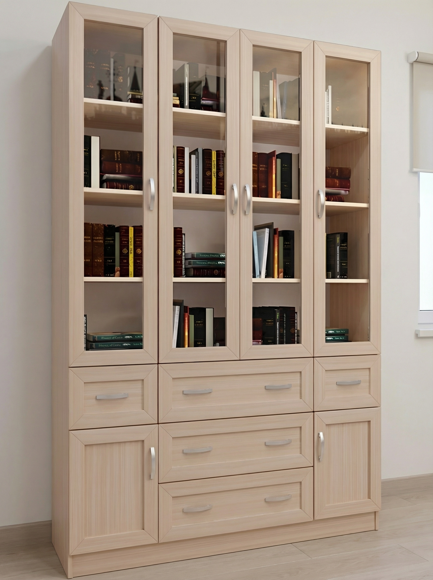 Шкаф книжный четырехстворчатый Вита 4-15, ШхГхВ: 136х38х210 см, дуб молочный