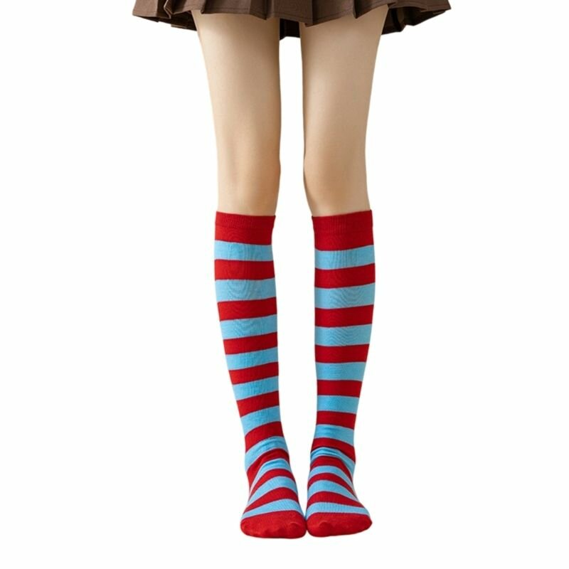 Чулки в Полоску "Лолита" -Широкие Красные + Озерно-Голубые