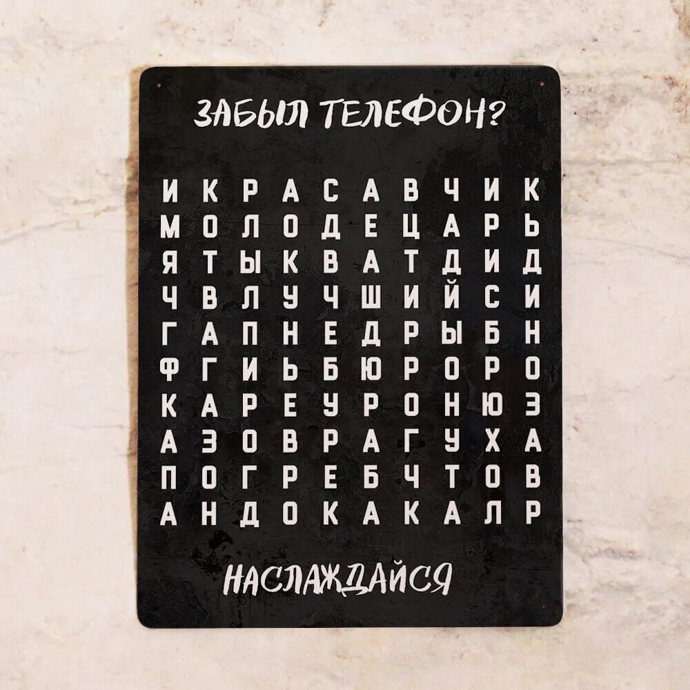 Прикольная табличка для туалета Забыл телефон? Найди слова, картина для декора стен туалета и ванной, металл, 20х30 см.