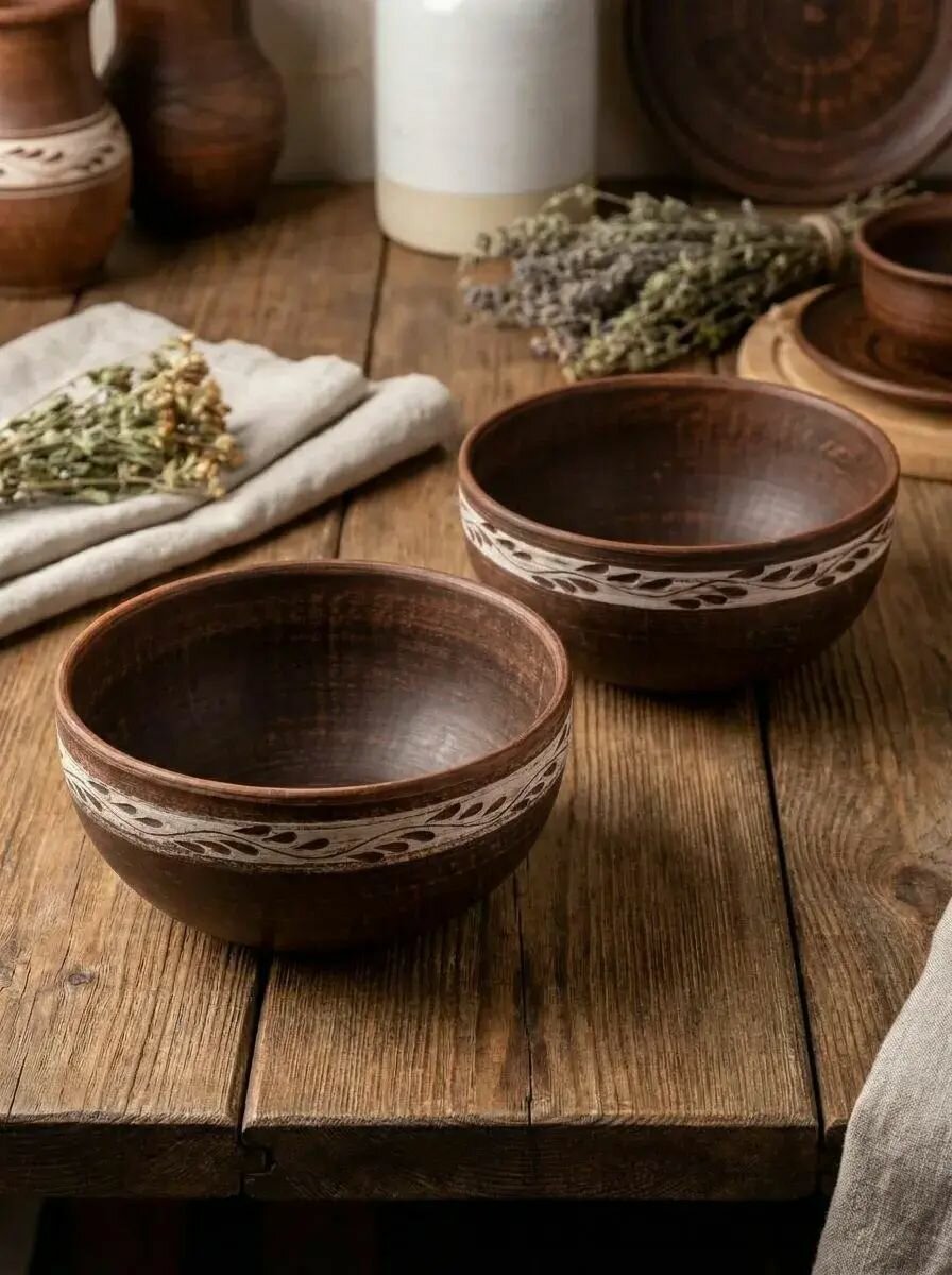 Тарелка глубокая 1,2литра для хаша, набор 2 штуки, красная глина