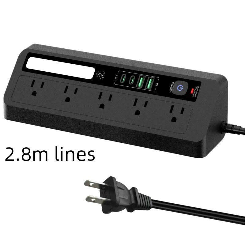 Черный Удлинитель на 5 розеток с ночным светом, USB, защитой от перегрузки, 2.8м, вилка США 2-штырь