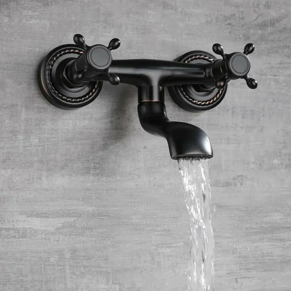 Ретро медный смеситель для ванны, настенный смеситель для ванной комнаты, смеситель для ванны с горячей и холодной водой с двойной ручкой