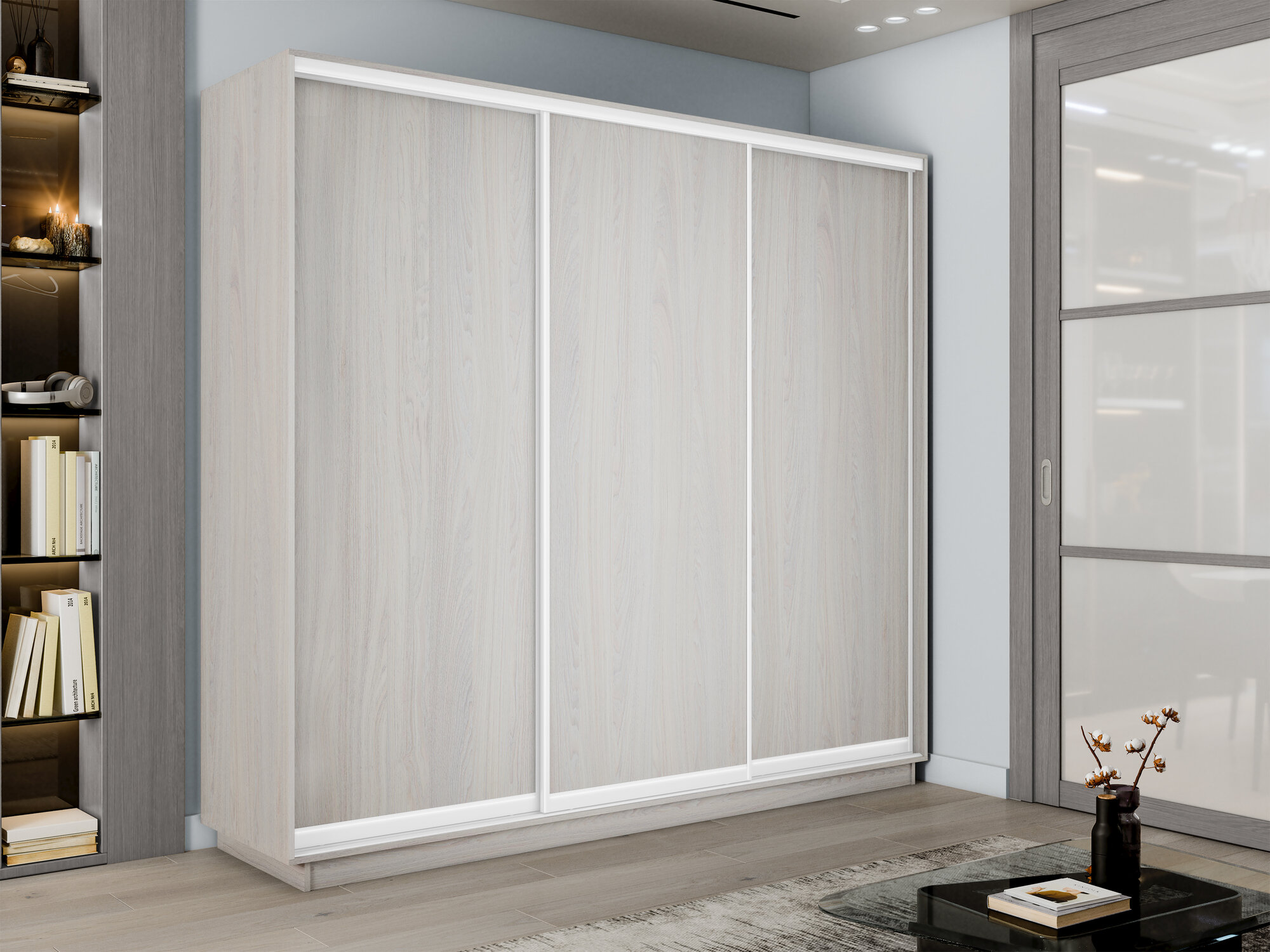 Шкаф купе Вилли 3-х дверный ЛДСП, профиль белый 210 см х 220 см х 60 см (Ясень анкор-светлый)