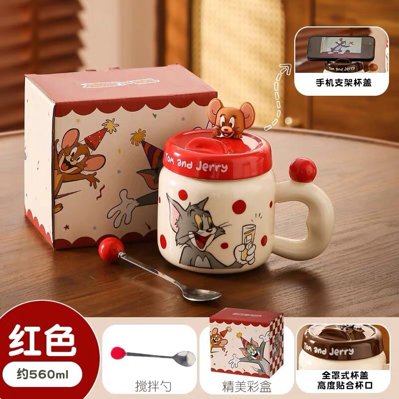 Керамическая кружка Том и Джерри с крышкой, высокая эстетика, кружка для питья, кофе, завтрака, молока, подарок