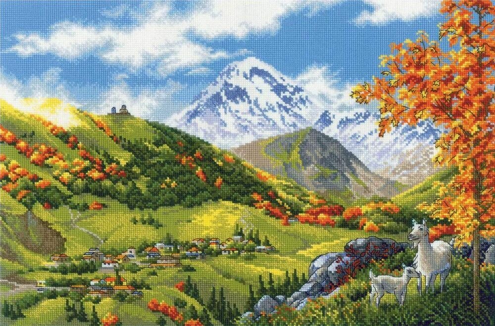 Набор для вышивания Riolis "Горная деревня" 40x60 см, Осень Лес Природа