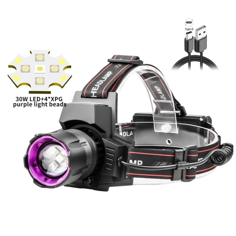 395 нм УФ-налобный фонарь Ультрафиолетовая масштабируемая фара 30 Вт Светодиодный перезаряжаемый налобный фонарь для дальнего выстрела Catch Скорпион Охотничий свет