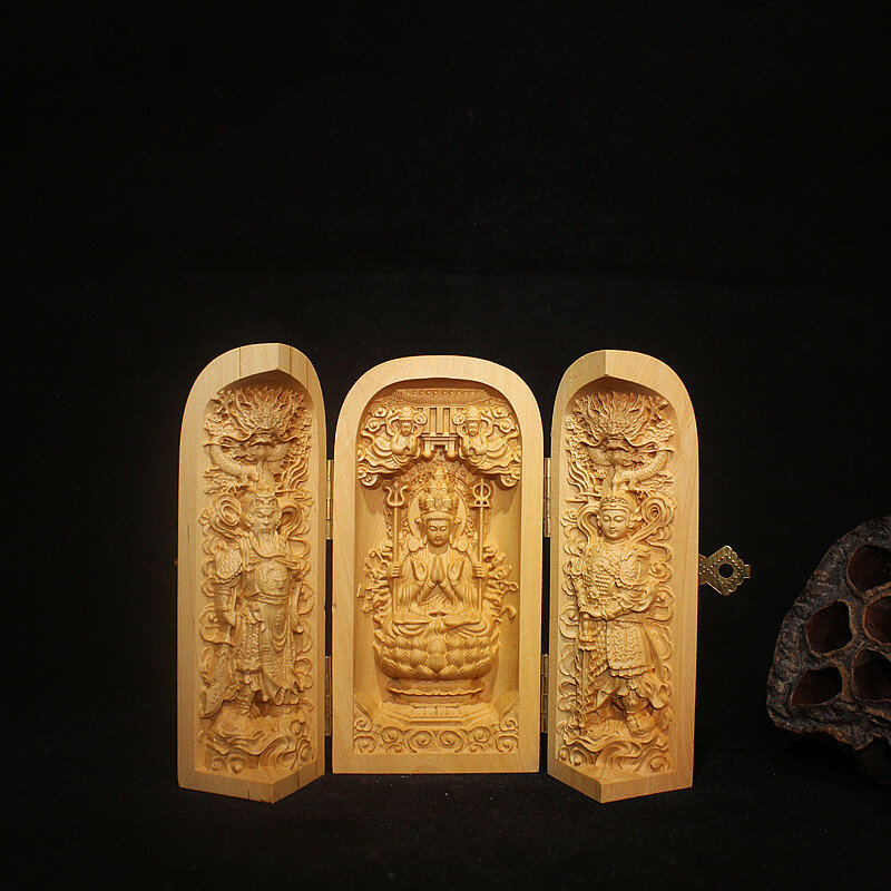 Резьба по дереву из самшита, маленькие украшения, деревянная статуя Будды, трехотверстный ящик, домашняя резьба для поклонения Будде, портативная резьба для поклонения Будде