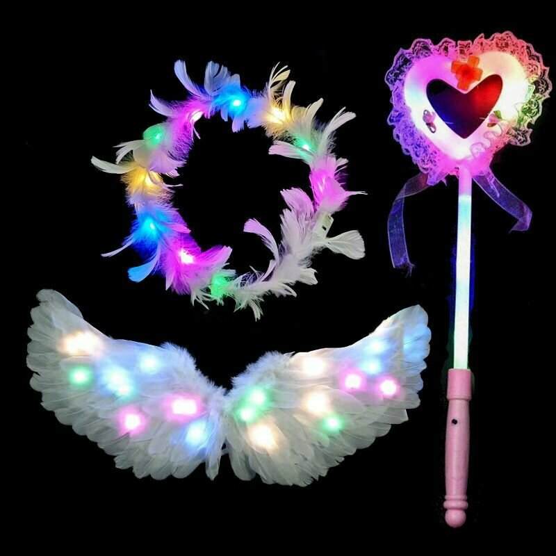 2026 Новейшие перьевые крылья для девочек, светящийся вуаль, косплей, реквизит для детского праздника, волшебная палочка