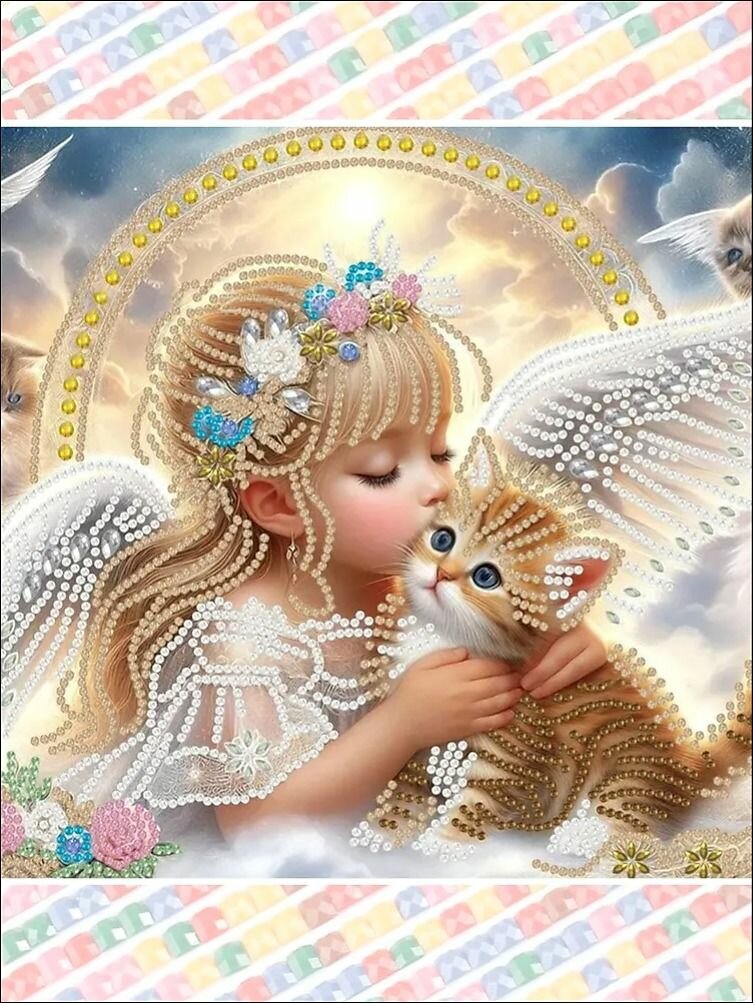 Алмазная мозаика "Ангел девочка и кот" Картина стразами Алмазное хобби 30х30см