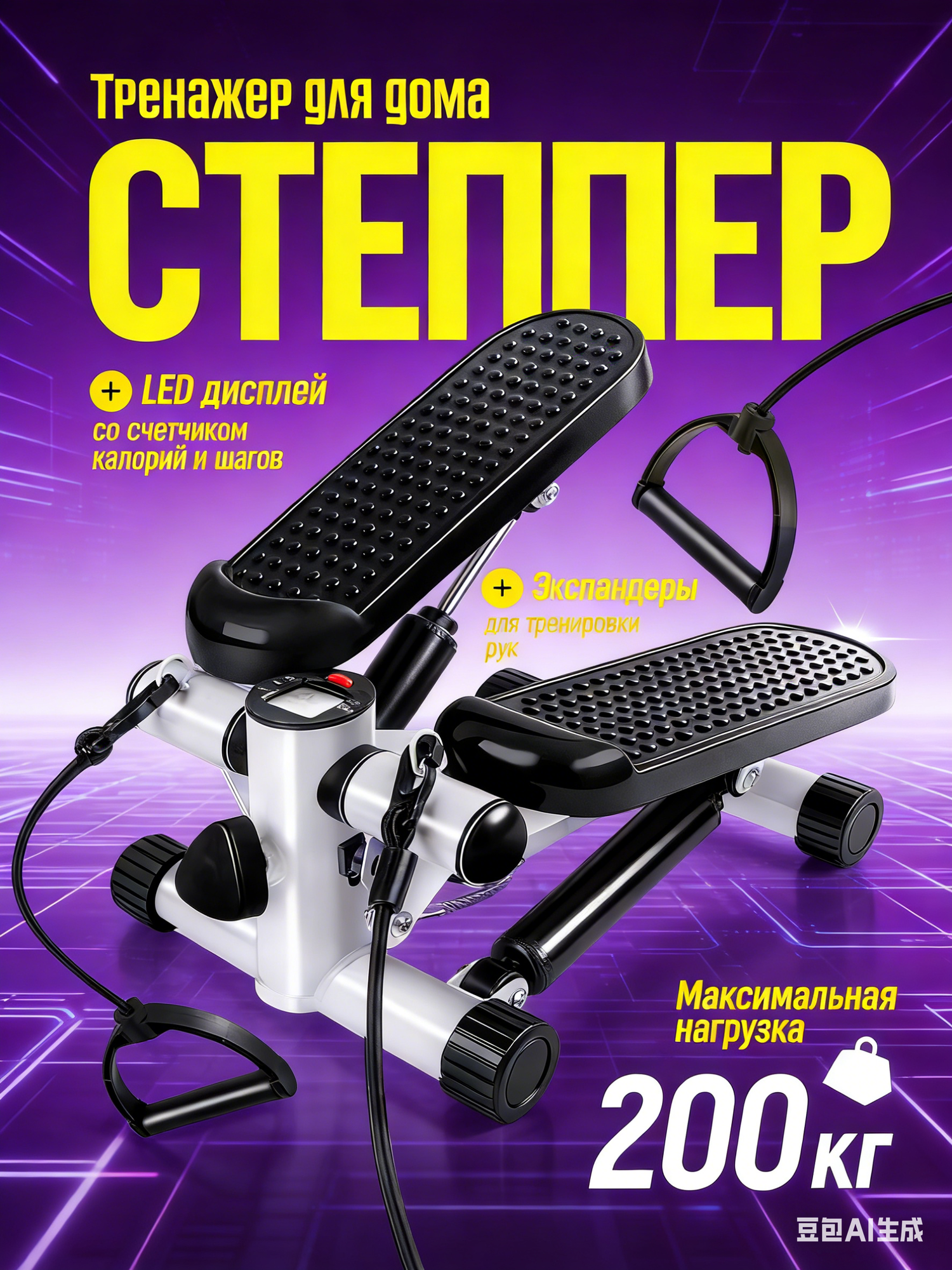 Степпер-тренажер для ног, бедер и ягодиц с эспандерами, максимальная нагрузка 200 кг