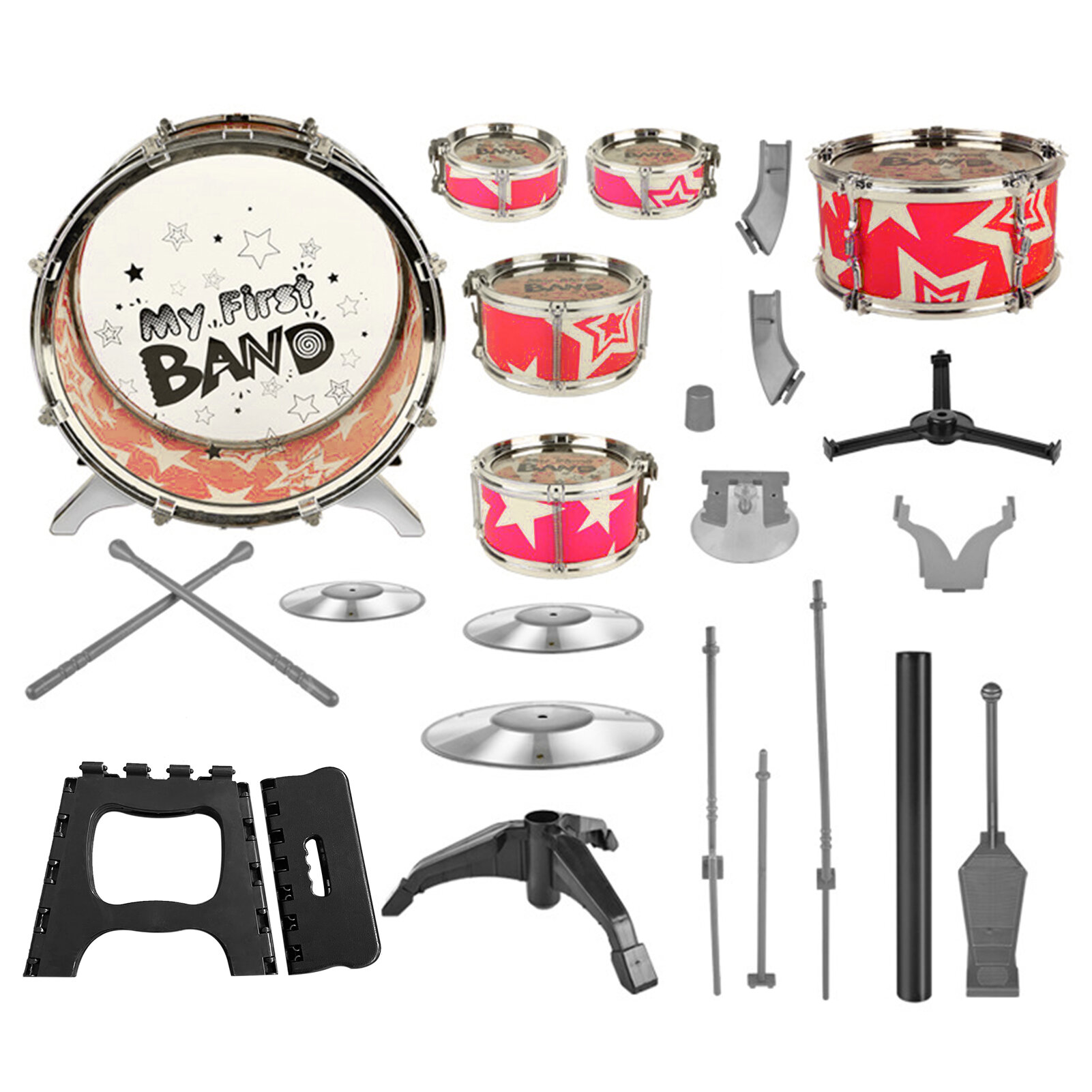 Детский барабанный набор из 6 предметов в джазовом стиле со складной подставкой, тарелкой, педалью, барабанными палочками и другими ударными инструментами для детей и начинающих.
