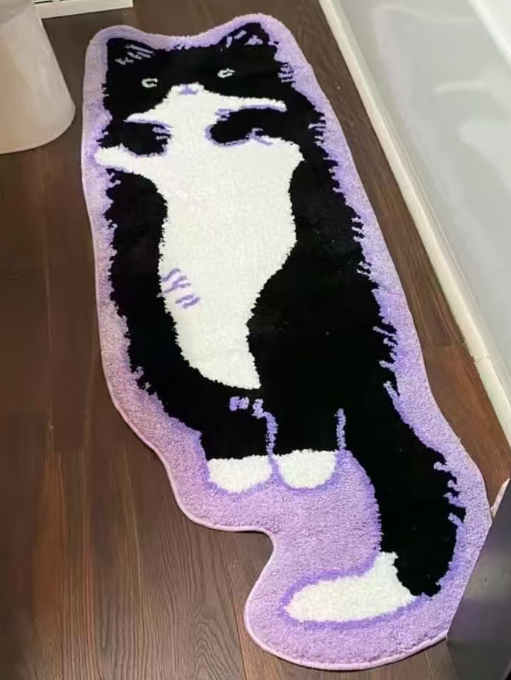 Противоскользящий 3D ковер-кот из полиэстера искусственный кашемир40x60cm черный, белый и фиолетовый
