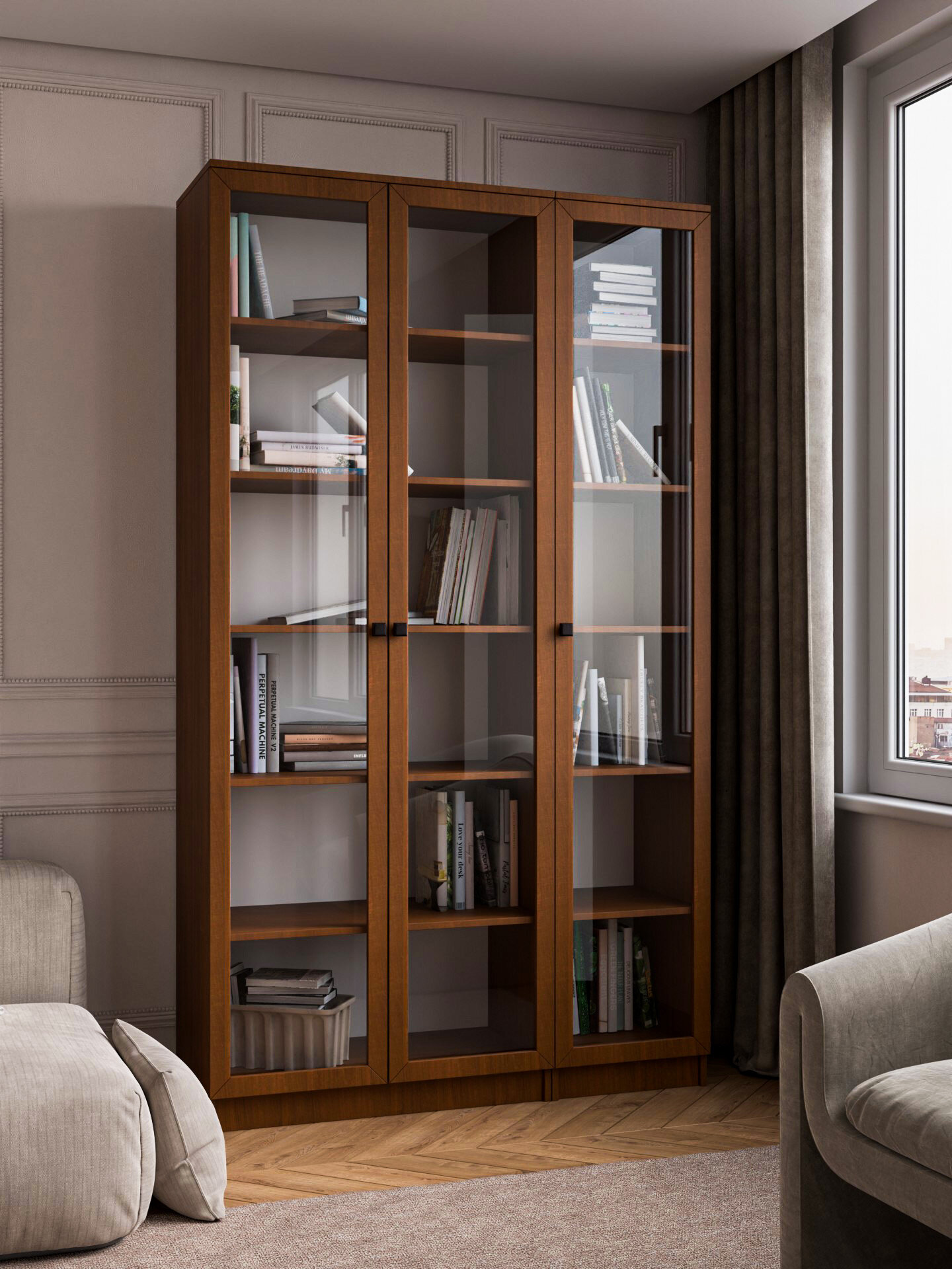 Шкаф-витрина Вест 3.1, 102х38х210 см, со стеклянными дверцами, книжный шкаф-стеллаж с полками, орех экко