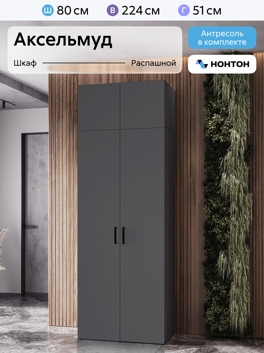 Шкаф для одежды с антресолью Нонтон Аксельмуд, 80x51x224 см, графит