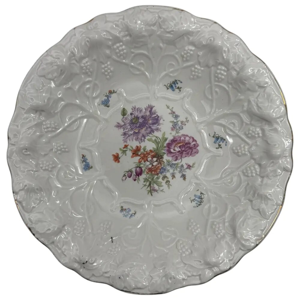 Блюдо сервировочное (сухарница) "Букет - Виноград", 27 см, 1956 г, фарфор, позолота, Дулево, СССР