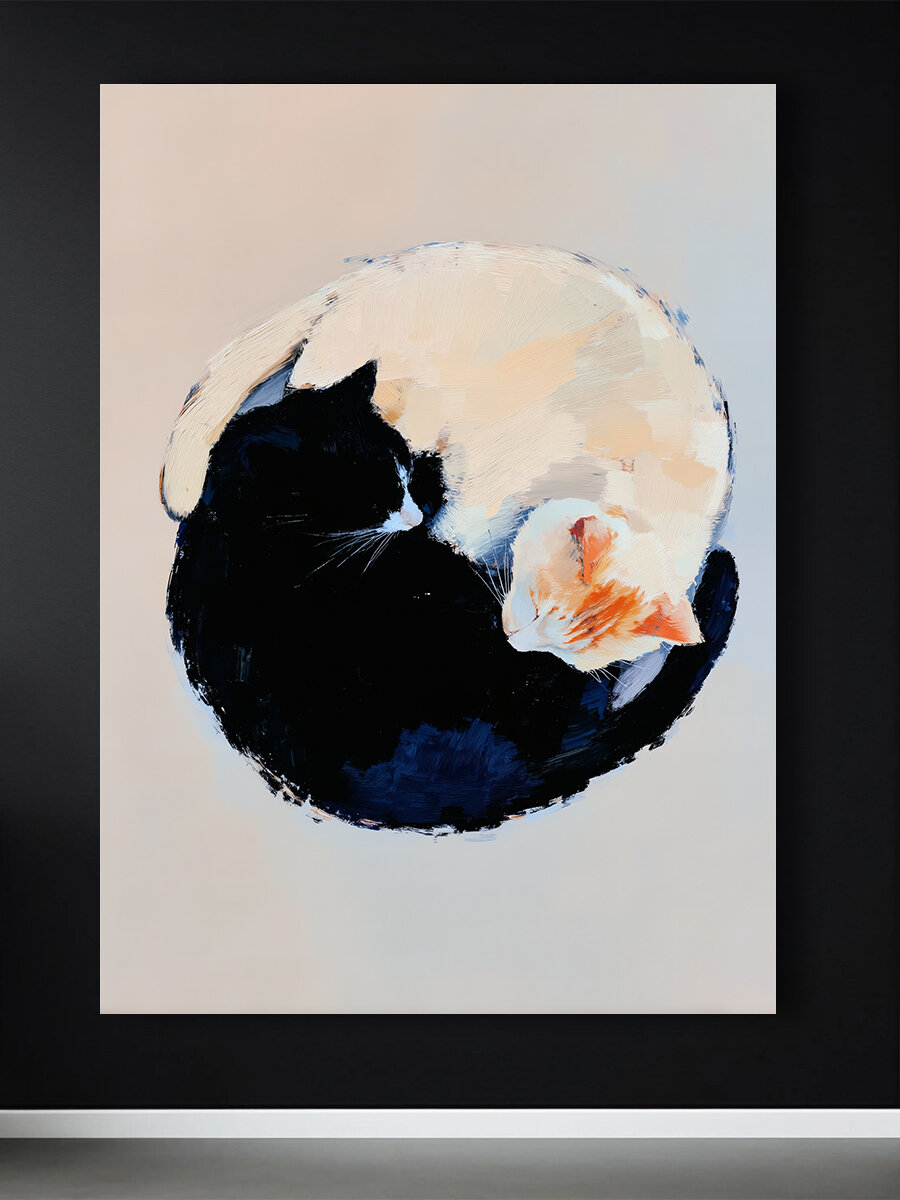 Картина на холсте - "Кот Инь Янь, котики обнимаются" , 30х40 см.