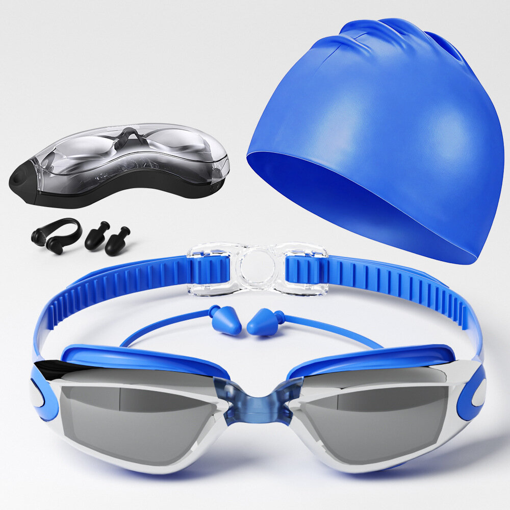 Набор популярных взрослых плавательных очков Amazon, HD водонепроницаемые, антизапотевающие, электролитически покрытые очки, шапочка для плавания, зажим для носа, беруши