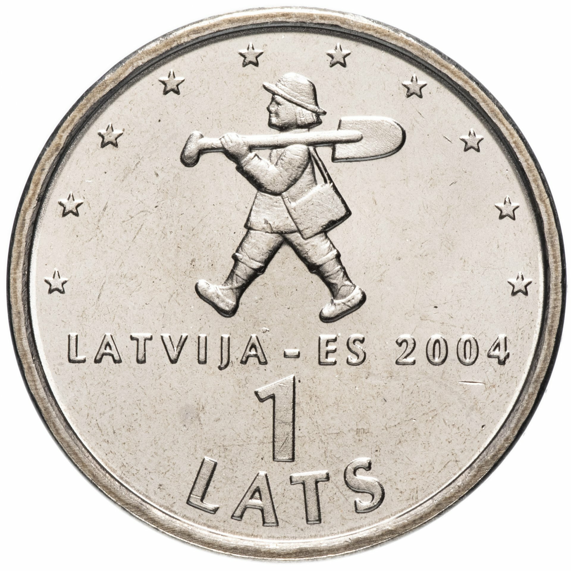 Латвия 1 лат 2004 "Землекоп Спридитис", Мельхиор медь-никель, в сохранности UNC