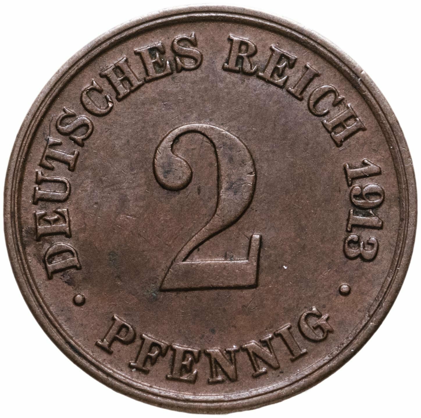 Германия 2 пфеннига pfennig 1913, знак монетного двора: "D" - Мюнхен, Медь, в сохранности XF