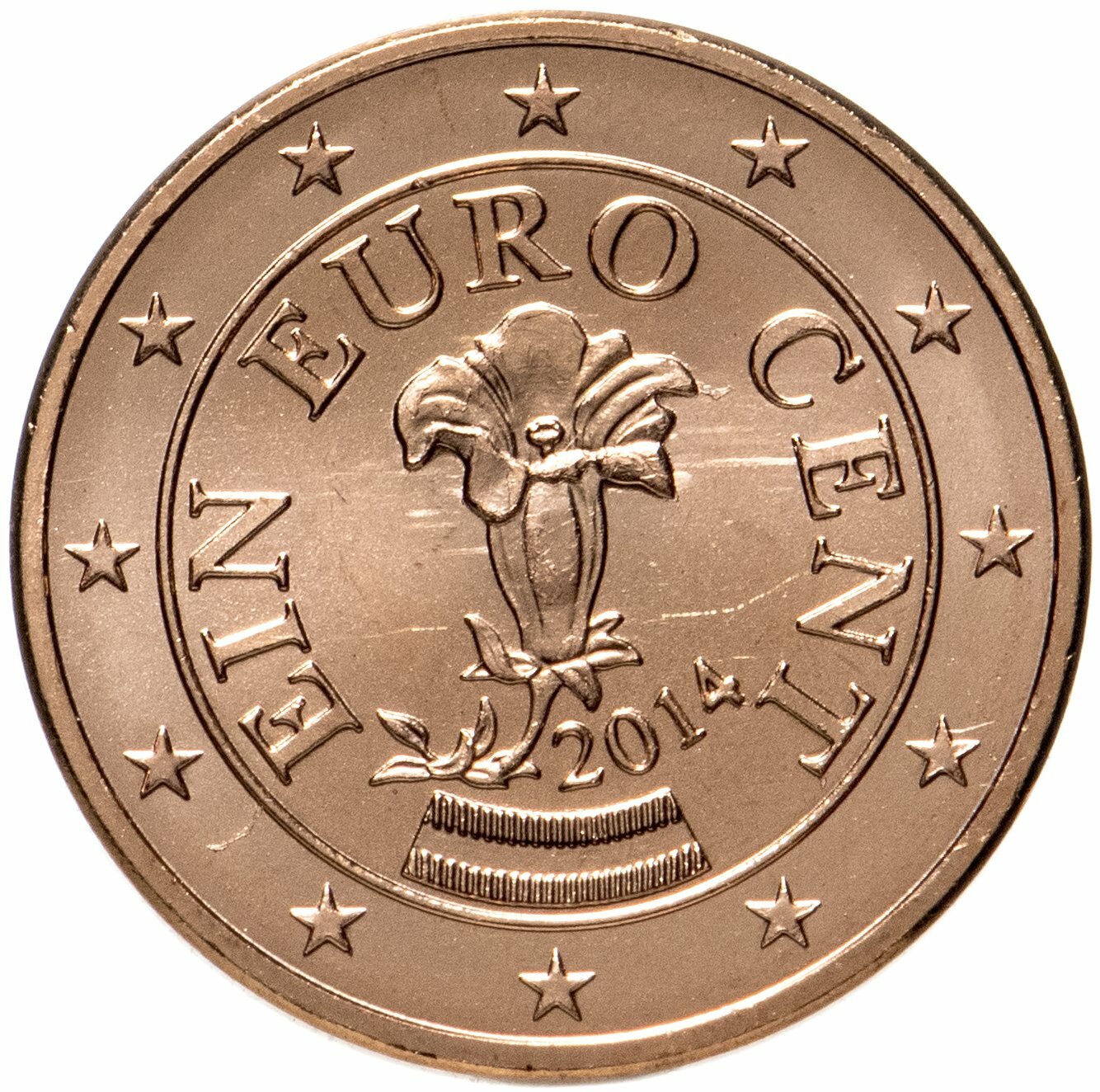 Австрия 1 евроцент cent 2014, Сталь, в сохранности UNC
