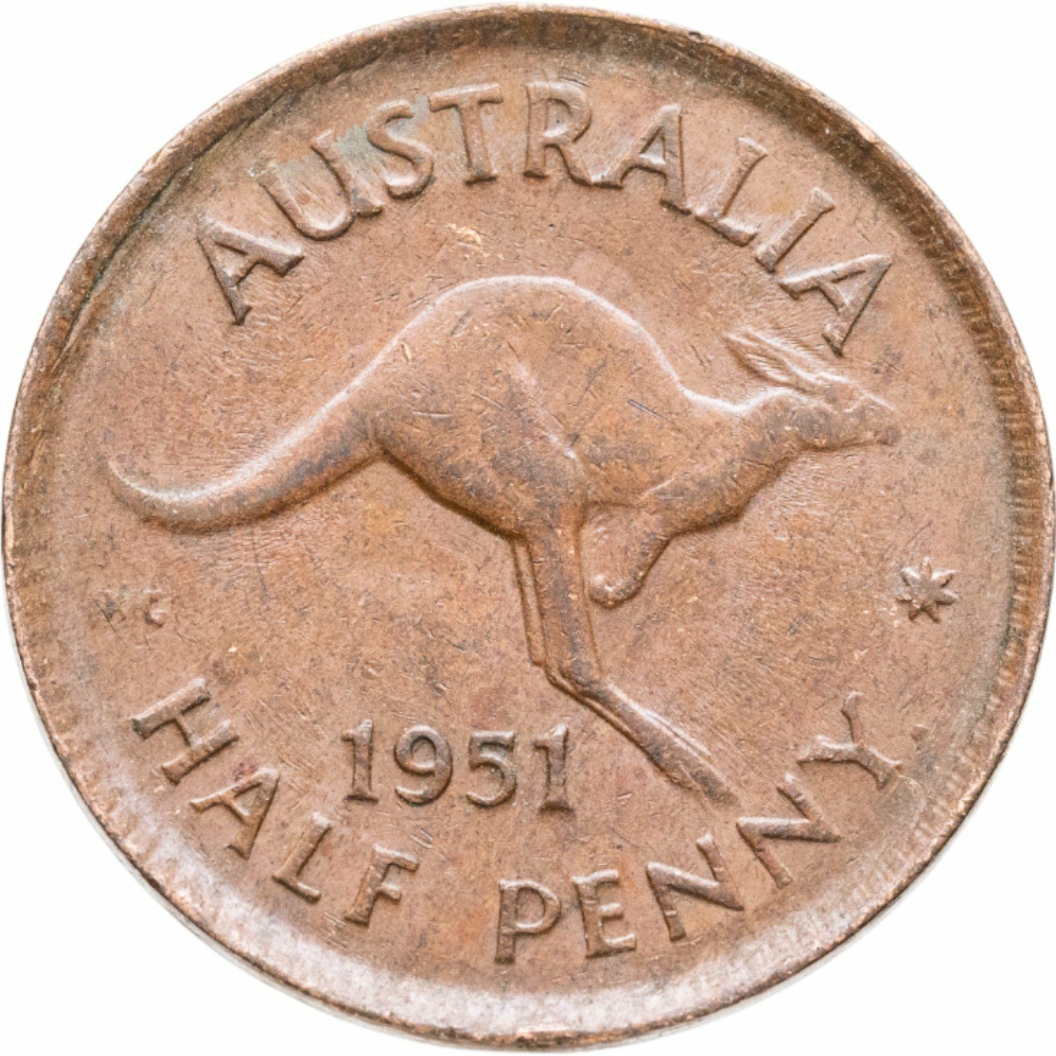 Австралия 1/2 пенни penny 1951 Точка после "PENNY", Бронза, в сохранности AU