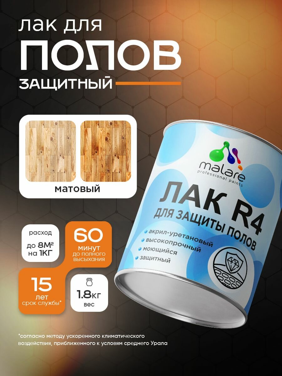 Лак для пола, паркета и ламината Malare R4 Professional для дерева и минеральных поверхностей, алкидно-уреатновый, износостойкий быстросохнущий, прозрачный, матовый 1.8 кг