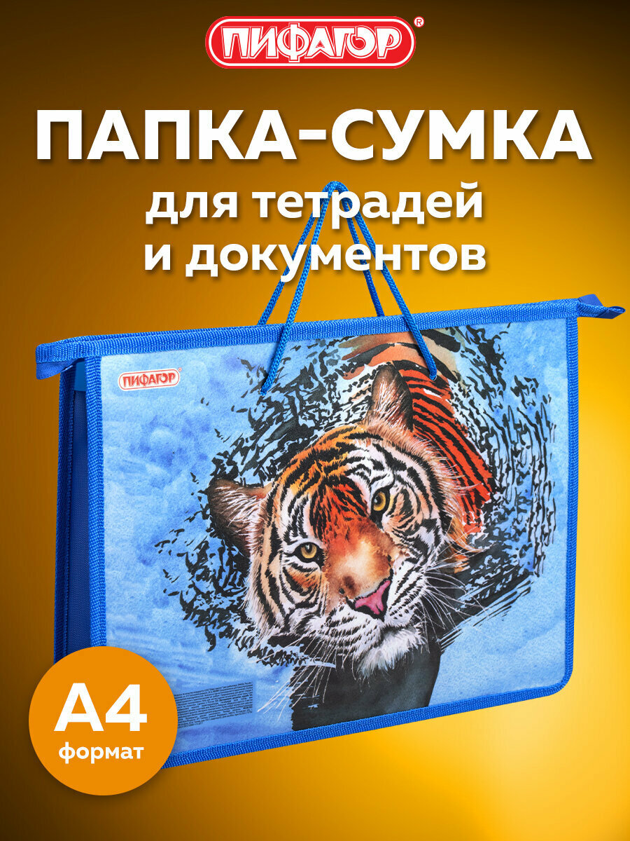 Папка-сумка / портфель для документов / бумаг / тетрадей / школы канцелярская с ручками на молнии Пифагор, А4, 1 отделение, пластик, Wild cat, 270864