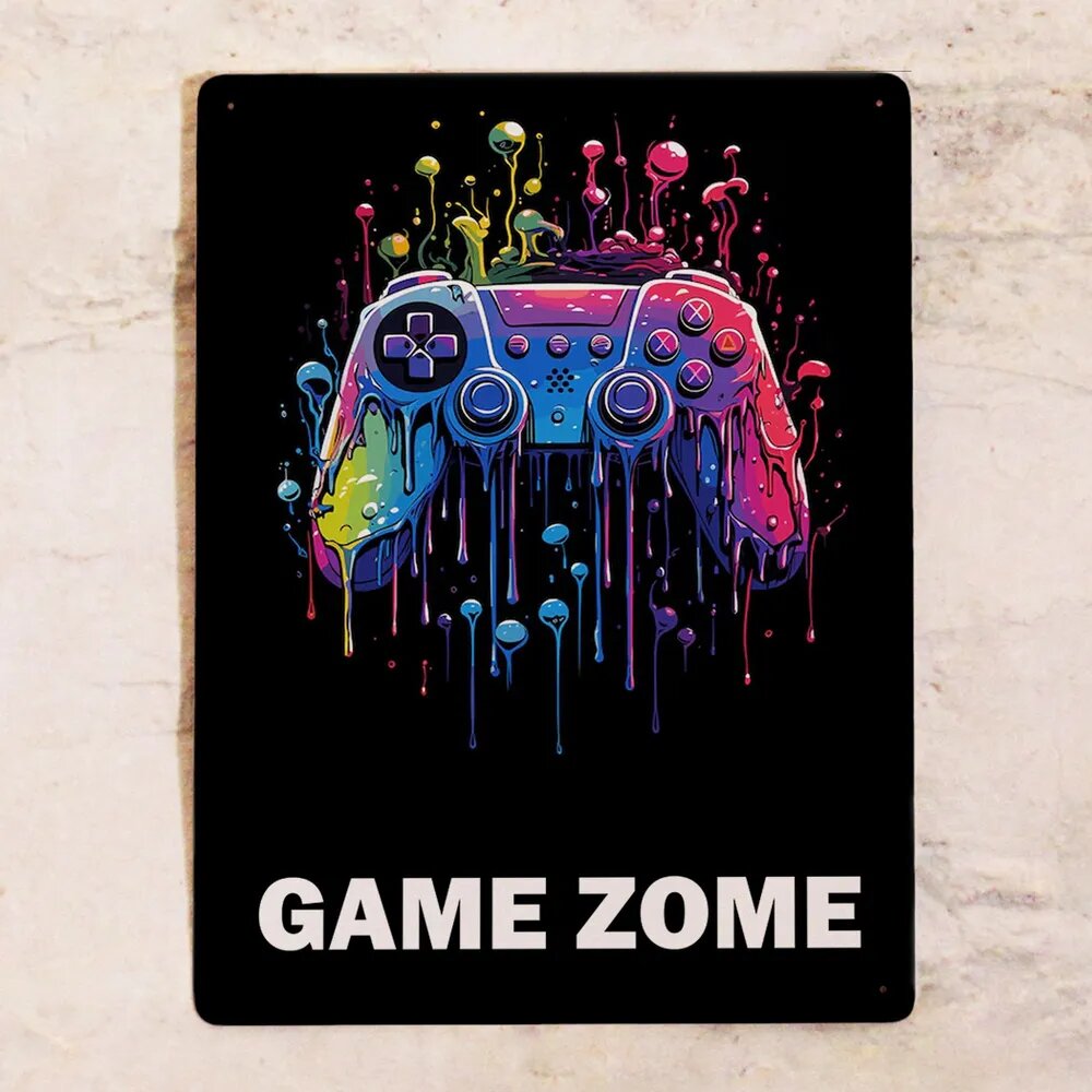 Прикольный подарок для геймера в комнату табличка Game zone, металл, 20х30 см.