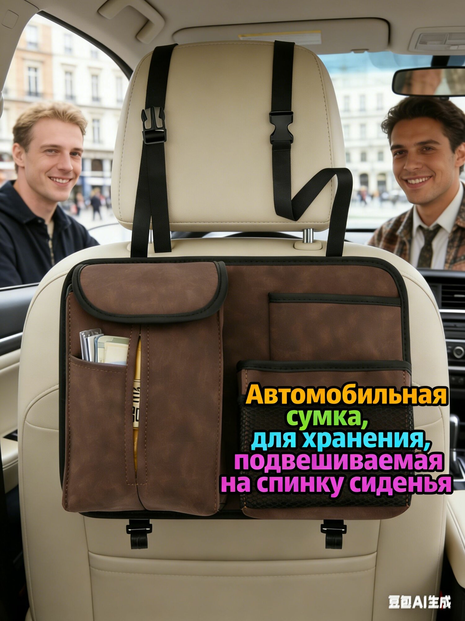 Автоорганайзер подвесной на спинку сиденья, сумка-органайзер из искусственной замши, автомобильный органайзер с ручкой, 24.5x34.5x5.8 см, для крепления на подголовник
