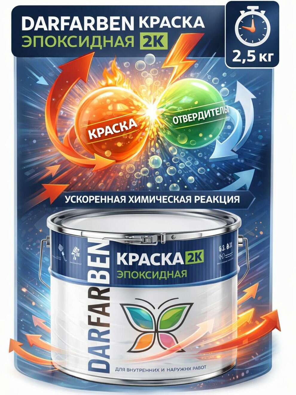 Эпоксидная краска по металлу, бетону, дереву двухкомпонентная DARFARBEN средне-серая 2.5 кг