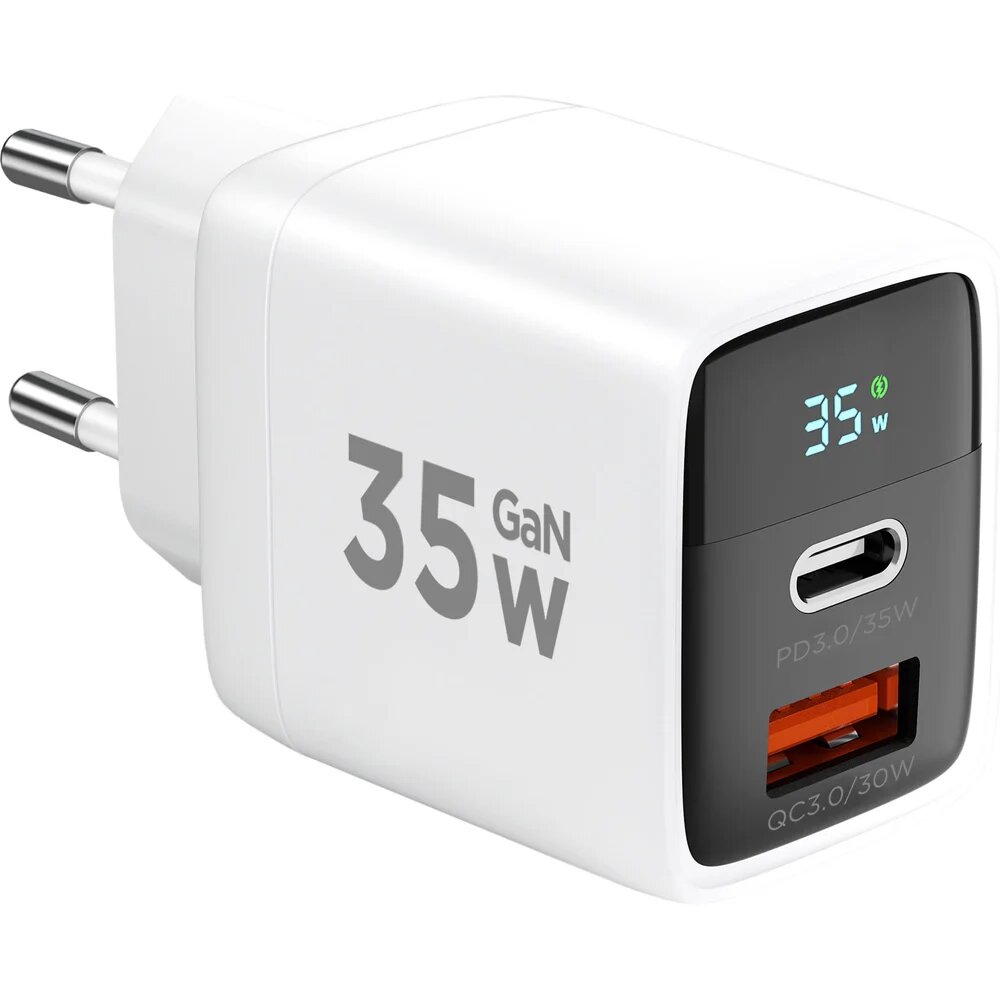 Зарядное устройство с дисплеем Cablexpert 35Вт GaN, QC3.0/PD3.0, 1хUSB, 1хType-C, белый, коробка, MP3A-PC-52