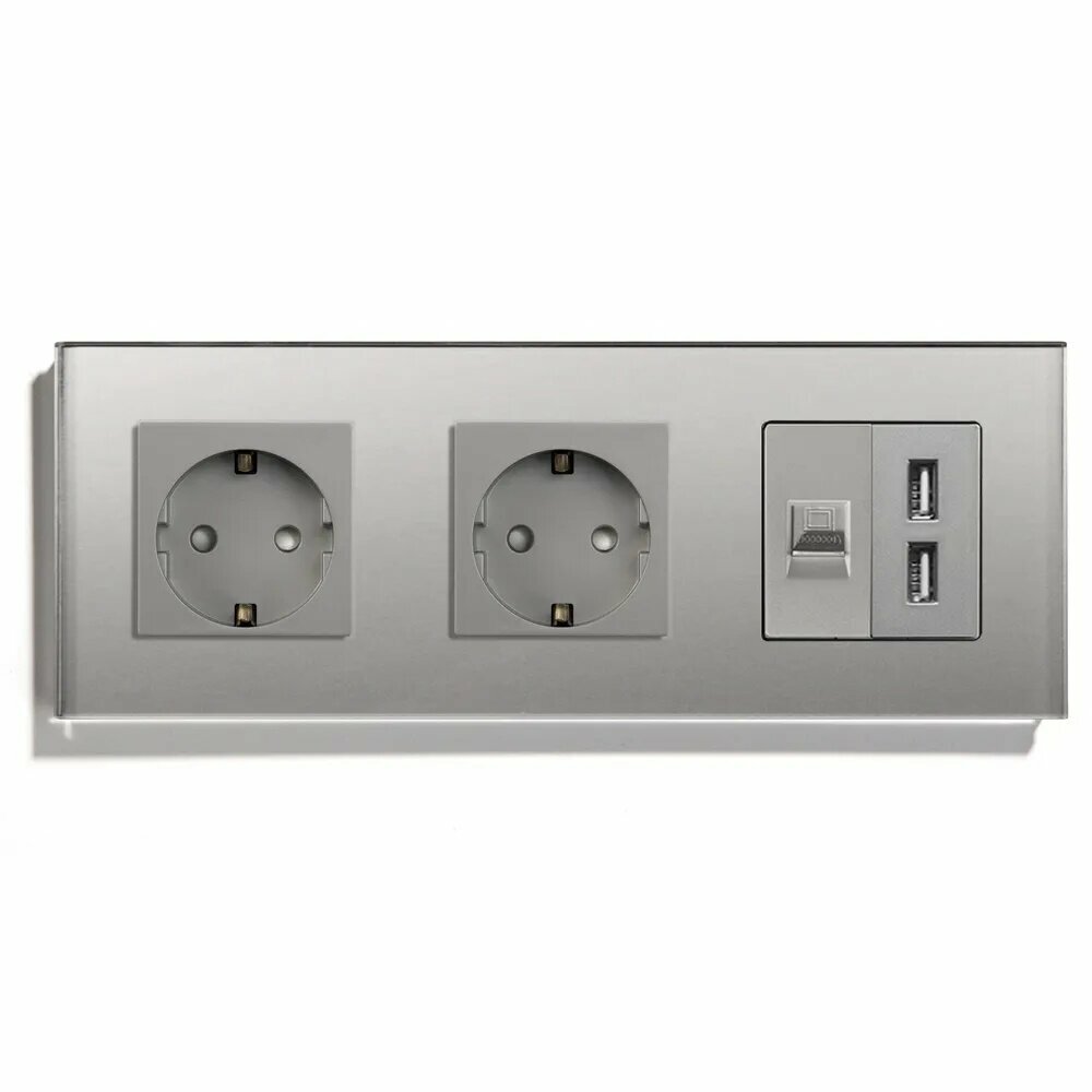 Розетка с комп RJ-45 / 2USB, интернет CAT5+2USB+2розетка, рамка стекло Серая
