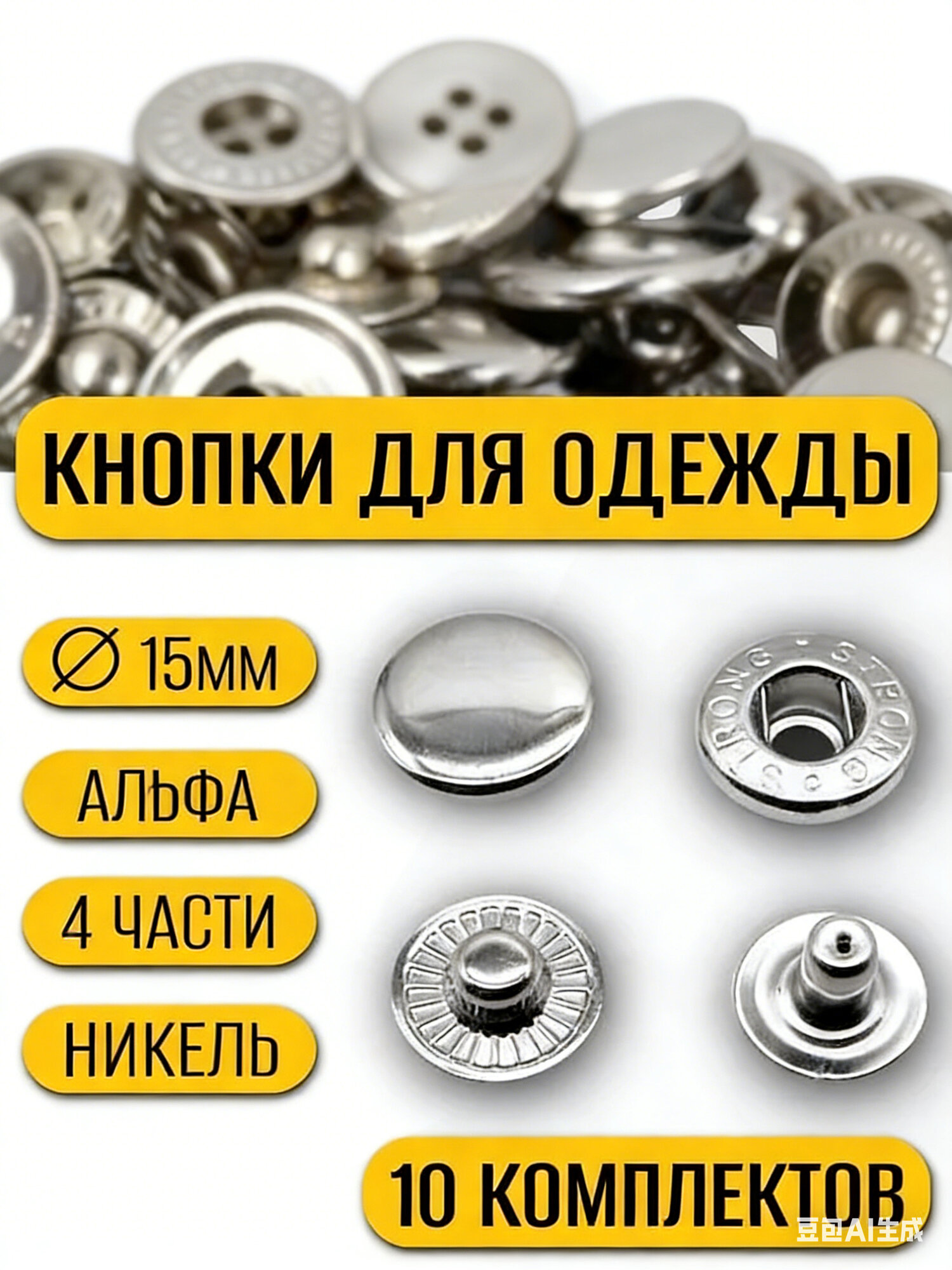 Кнопки для одежды Альфа 15 мм, установочная, 10шт, Никель