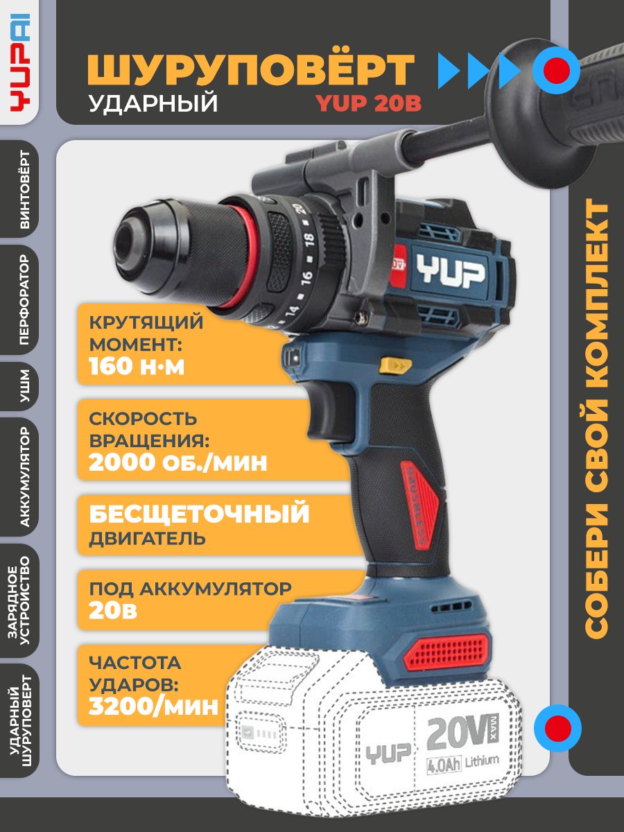Ударный шуруповерт 160 Нм. 20В, YUPAI, бесщеточный двигатель