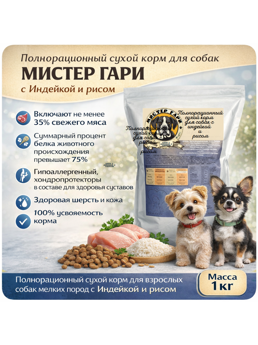 Полнорационный сухой корм Мистер Гари для собак мелких пород, 1 кг