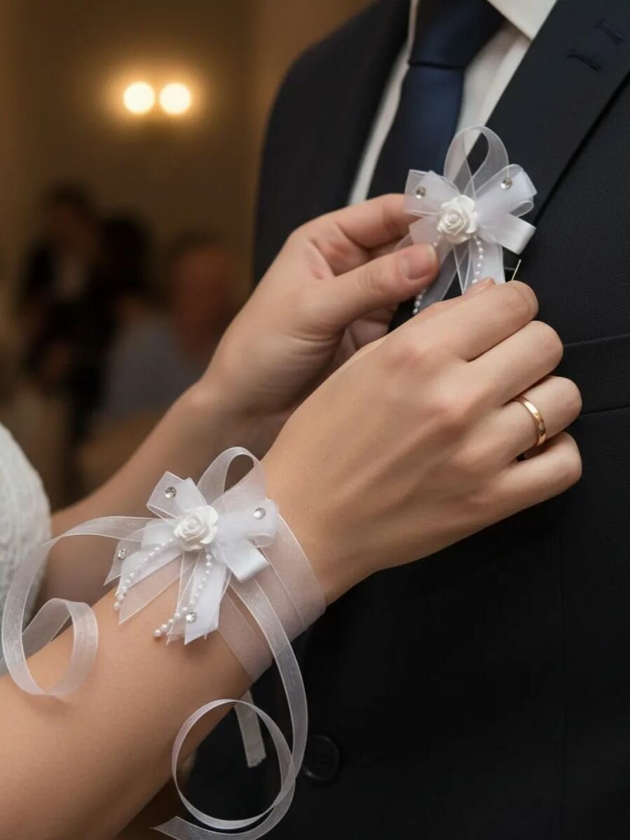Комплект: бутоньерка и браслет для свидетеля и свидетельницы и для невесты и жениха