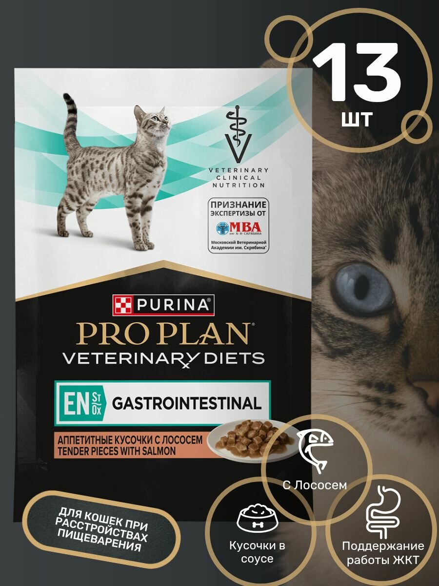 Корм влажный PRO PLAN VETERINARY DIETS EN Gastrointestinal для кошек при расстройствах пищеварения, С лососем 85гр (комплект из 13 пачек)