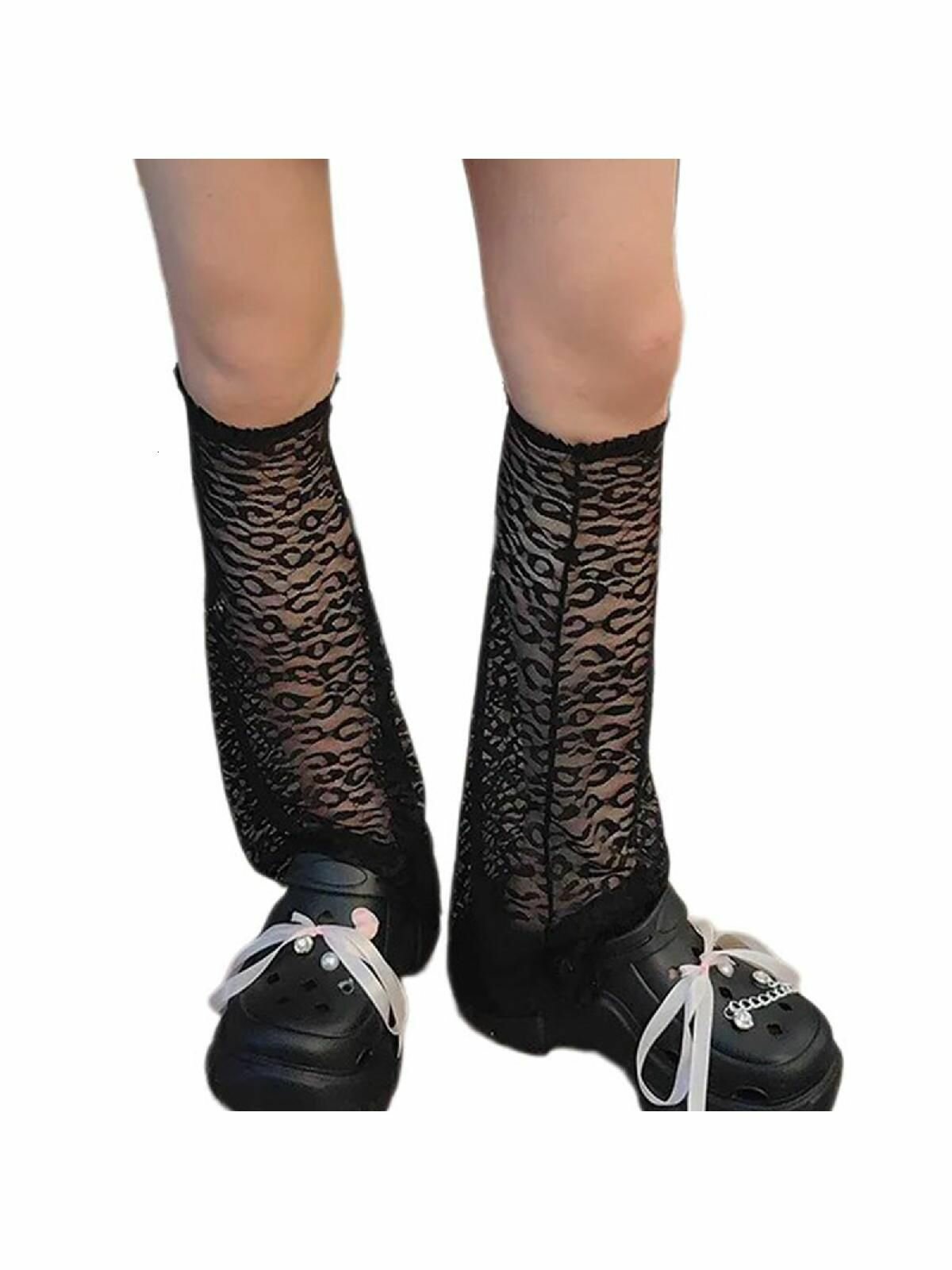 Женские вязаные гольфы с кружевом, Черный