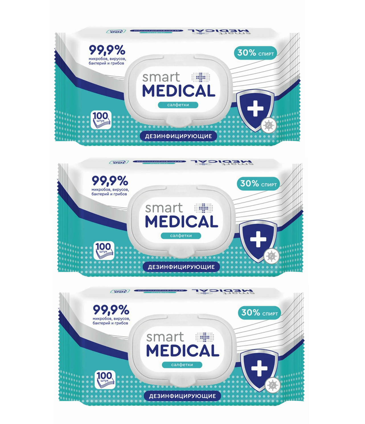 Дезинфицирующие салфетки спиртовые SMART MEDICAL, крышка-клапан, 100шт * 3 упаковки