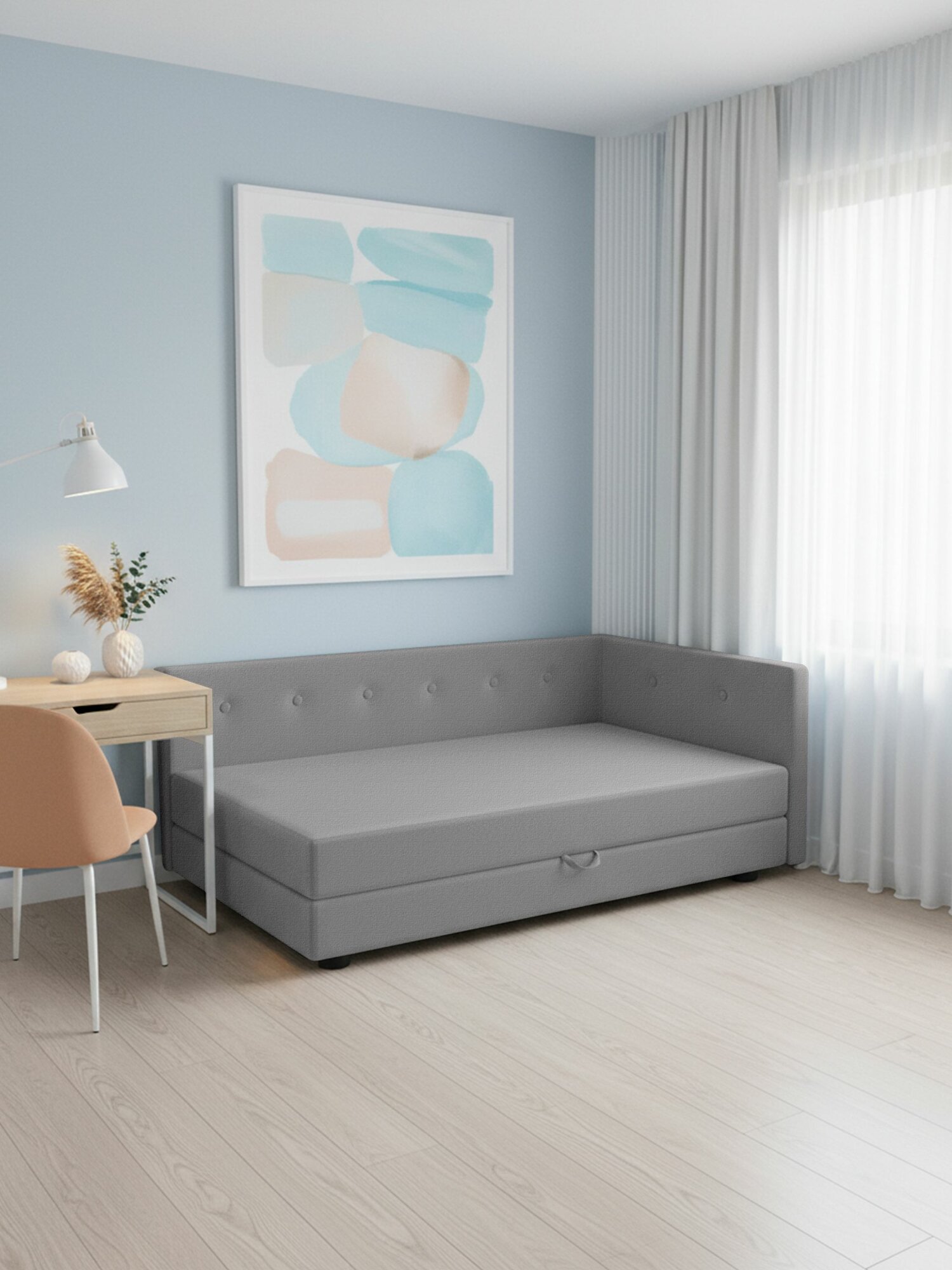 Тахта Лира Справа фокус- мебельная фабрика 150х210х76 см рогожка серая