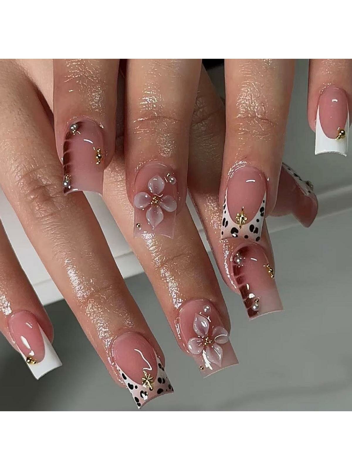 ABS False Nail French Nudes Pink Leopard Print 3D Flowers Design for Business