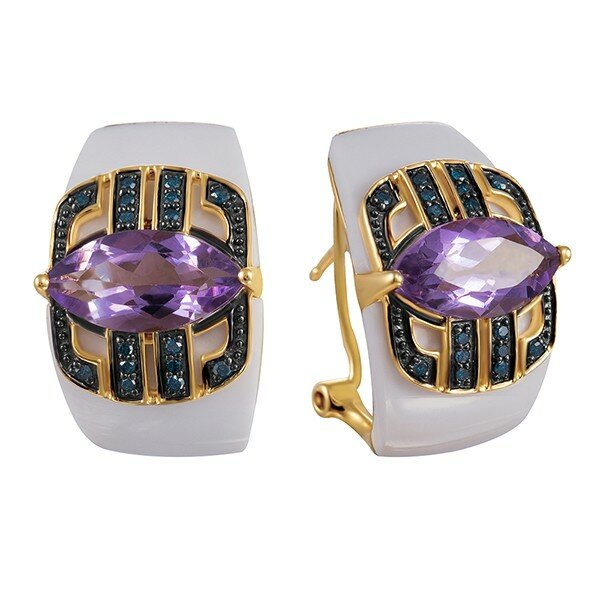 Серьги, желтое золото, 585 проба, агат, бриллиант, аметист